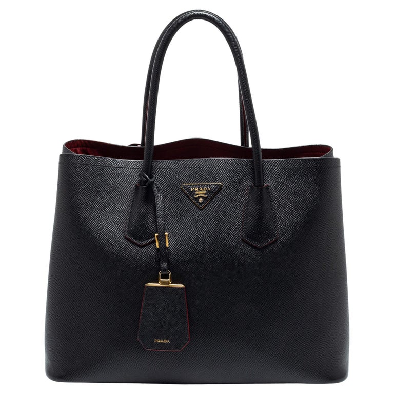 Prada Black Saffiano Leather Medium Double Handle Tote For Sale at 1stDibs