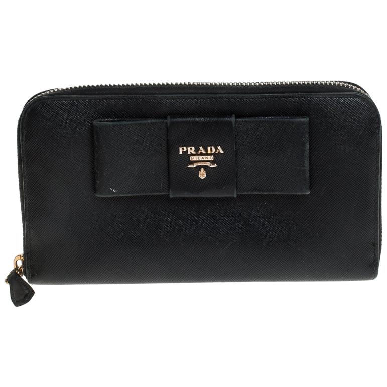 Prada Black Saffiano Lux Leather Bow Zip Around Wallet at 1stDibs