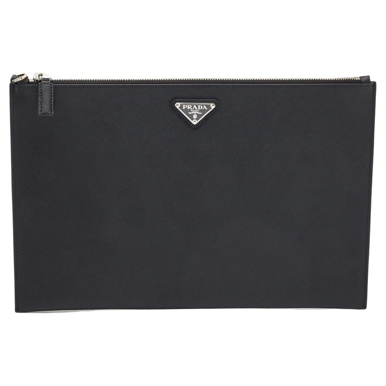 Prada Black Saffiano Lux Leather Zip Slim Pouch For Sale at 1stDibs