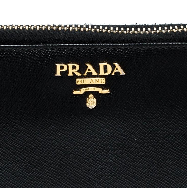 Prada Black Saffiano Metal Leather Zip Around Wallet For Sale at 1stDibs