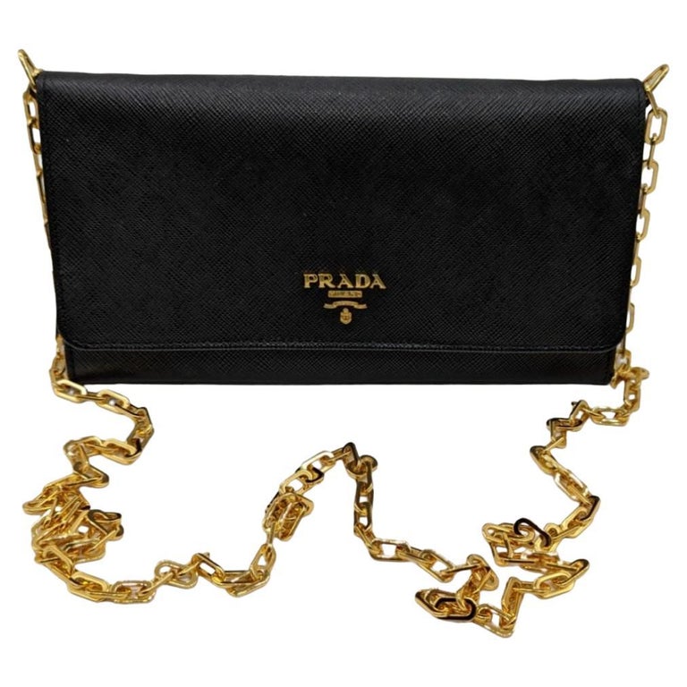 Prada Black Saffiano Metal Oro Chain Wallet Crossbody For Sale at 1stDibs