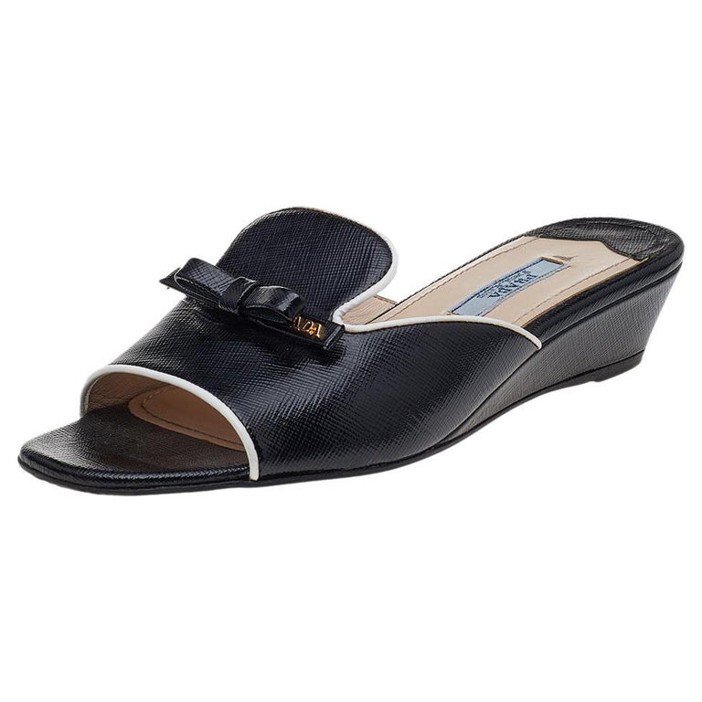 Prada Black Saffiano Patent Leather Bow Wedge Slide Sandals Size 36.5 ...