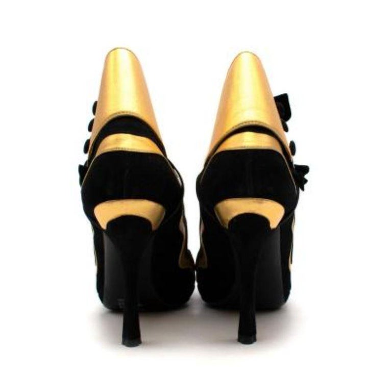 Prada Black Suede and Metallic Gold Heels with Ankle Cuff For Sale at ...
