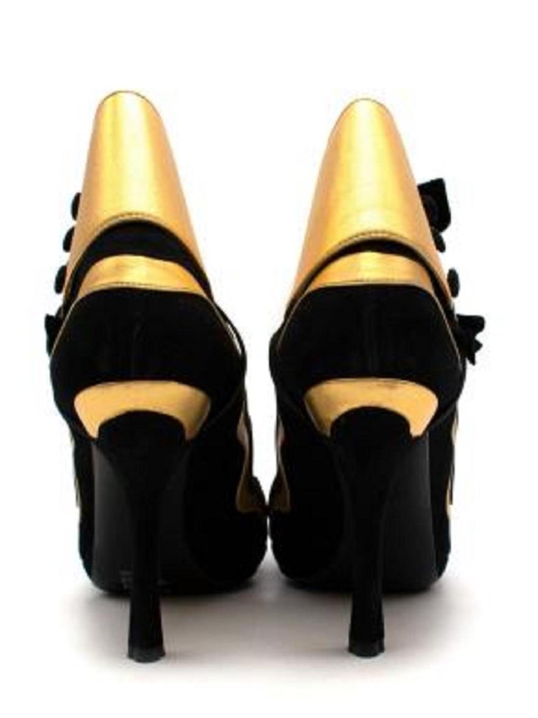 Prada Black Suede and Metallic Gold Heels with Ankle Cuff For Sale at ...