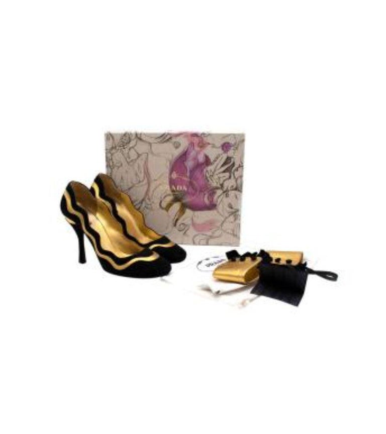 Prada Black Suede and Metallic Gold Heels with Ankle Cuff For Sale at ...