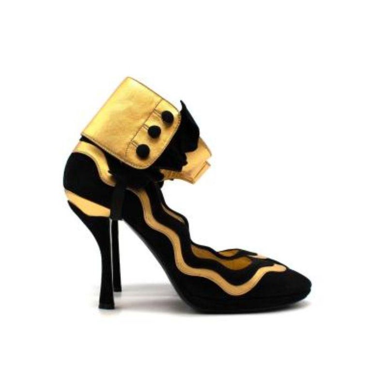 Prada Black Suede and Metallic Gold Heels with Ankle Cuff For Sale at ...