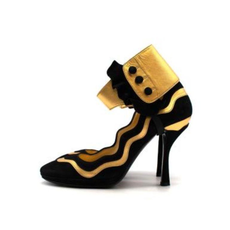 Prada Black Suede and Metallic Gold Heels with Ankle Cuff For Sale at ...