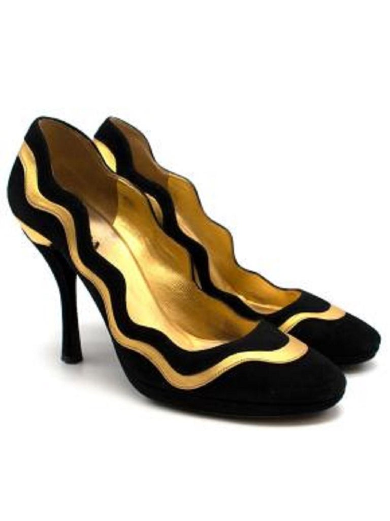 Prada Black Suede and Metallic Gold Heels with Ankle Cuff For Sale at ...