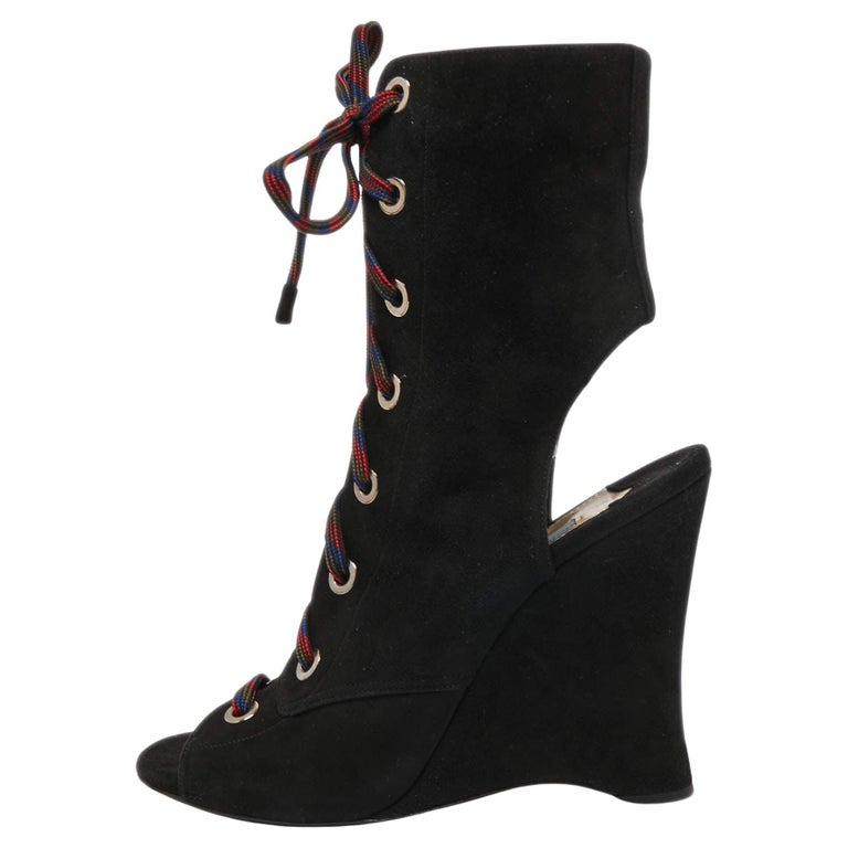 Prada Black Suede Open Toe Lace Up Cut Out Wedge Booties Size 40 For ...