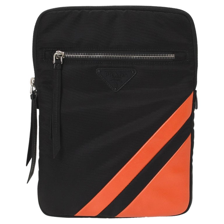 Prada Black Tessuto Nylon Orange Leather Zip Pouch For Sale at 1stDibs