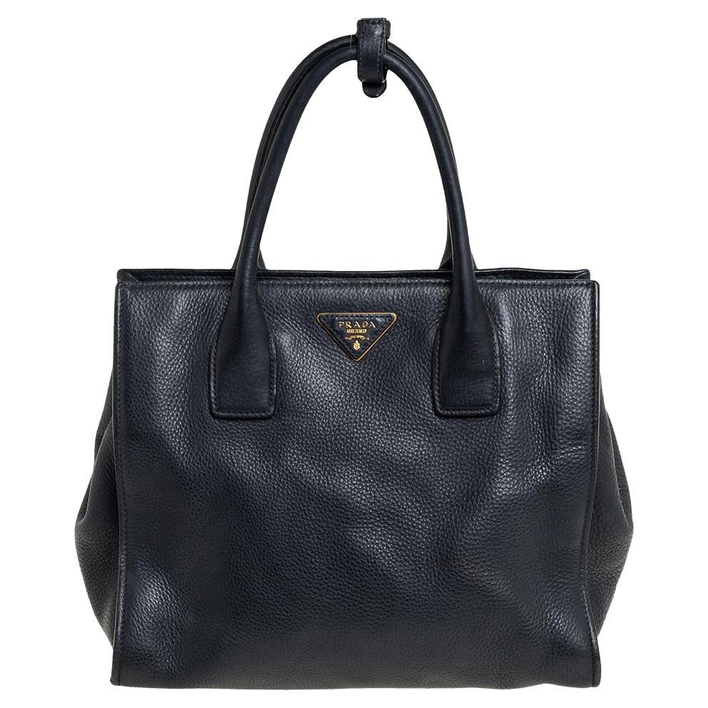 Prada Black Vitello Daino Leather Side Snap Tote at 1stDibs