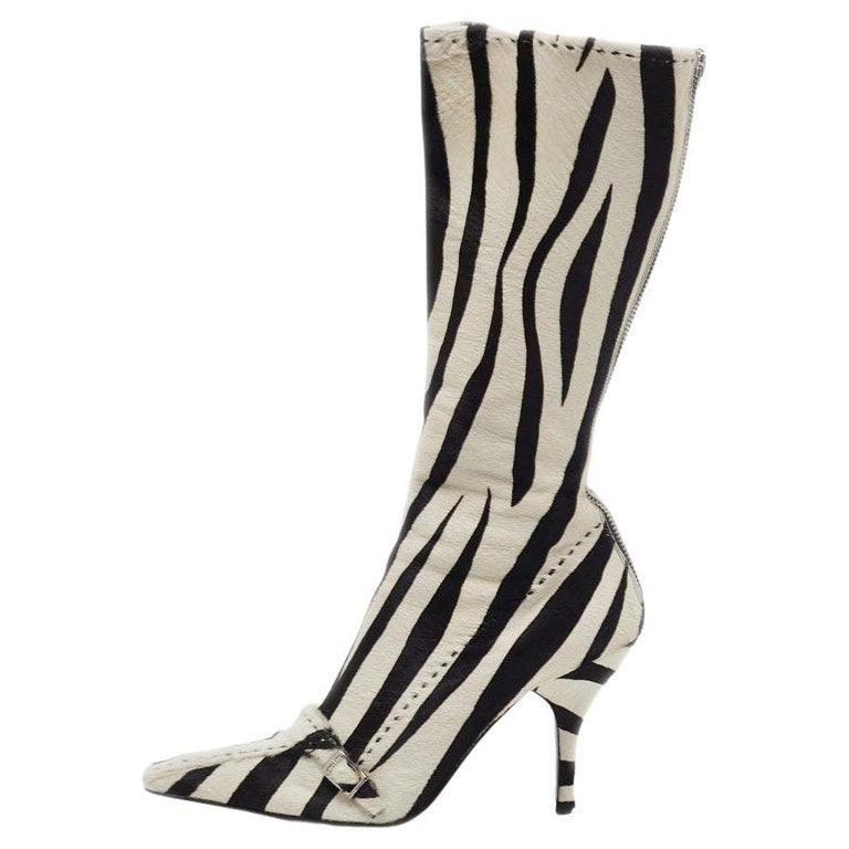 Prada Black/White Calf hair Zebra Printed Knee Length Boots Size 41 For ...