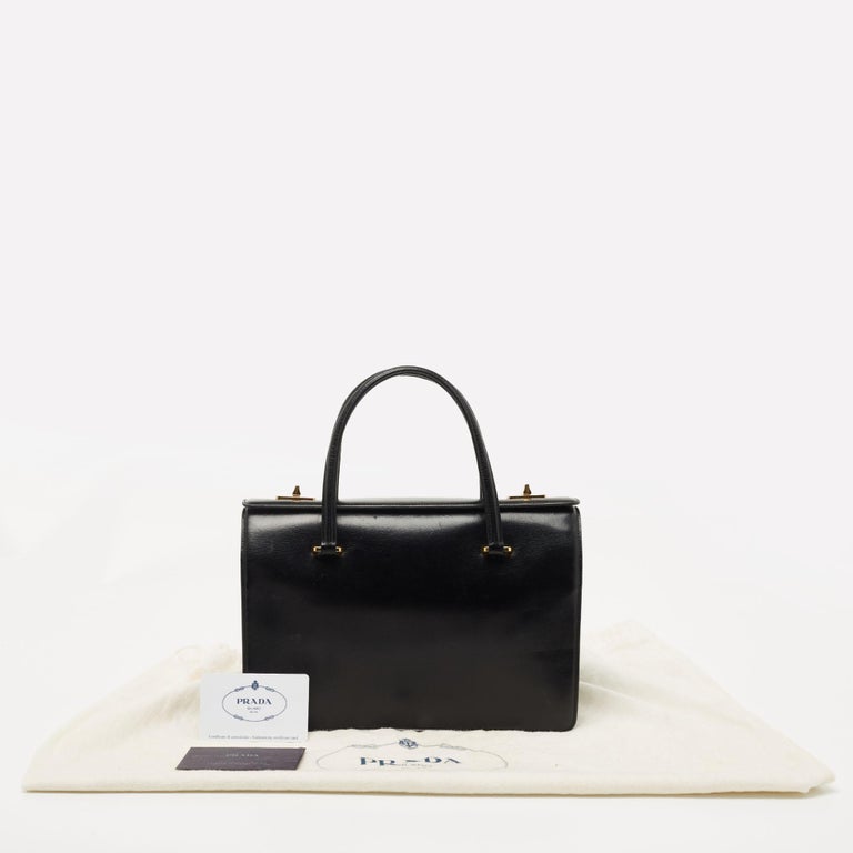 Prada Black/White Leather Turn Lock Satchel For Sale at 1stDibs