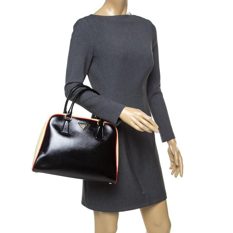 Prada Black/Yellow Patent Leather Pyramid Frame Top Handle Bag For Sale ...