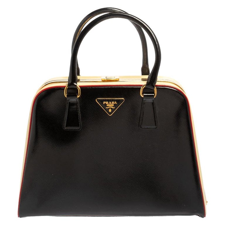 Prada Black/Yellow Saffiano Vernice Leather Pyramid Frame Satchel at ...