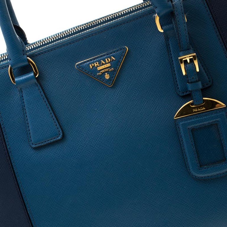 Prada Blue Bicolor Saffiano Lux Leather Medium Double Zip Tote For Sale ...