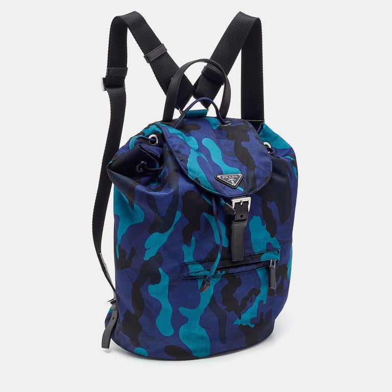 Prada Blue/Black Camouflage Printed Nylon And Leather Tessuto Backpack ...