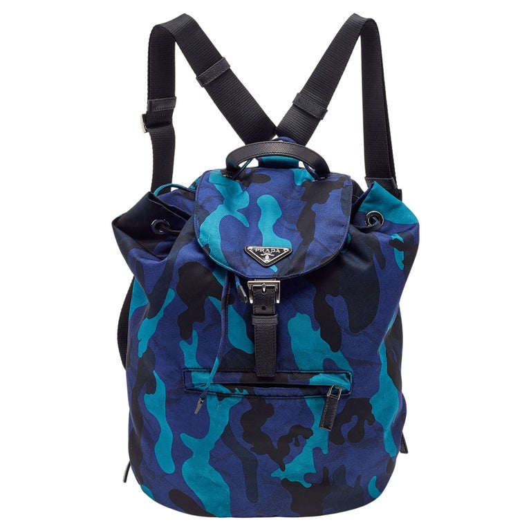 Prada Blue/Black Camouflage Printed Nylon And Leather Tessuto Backpack ...