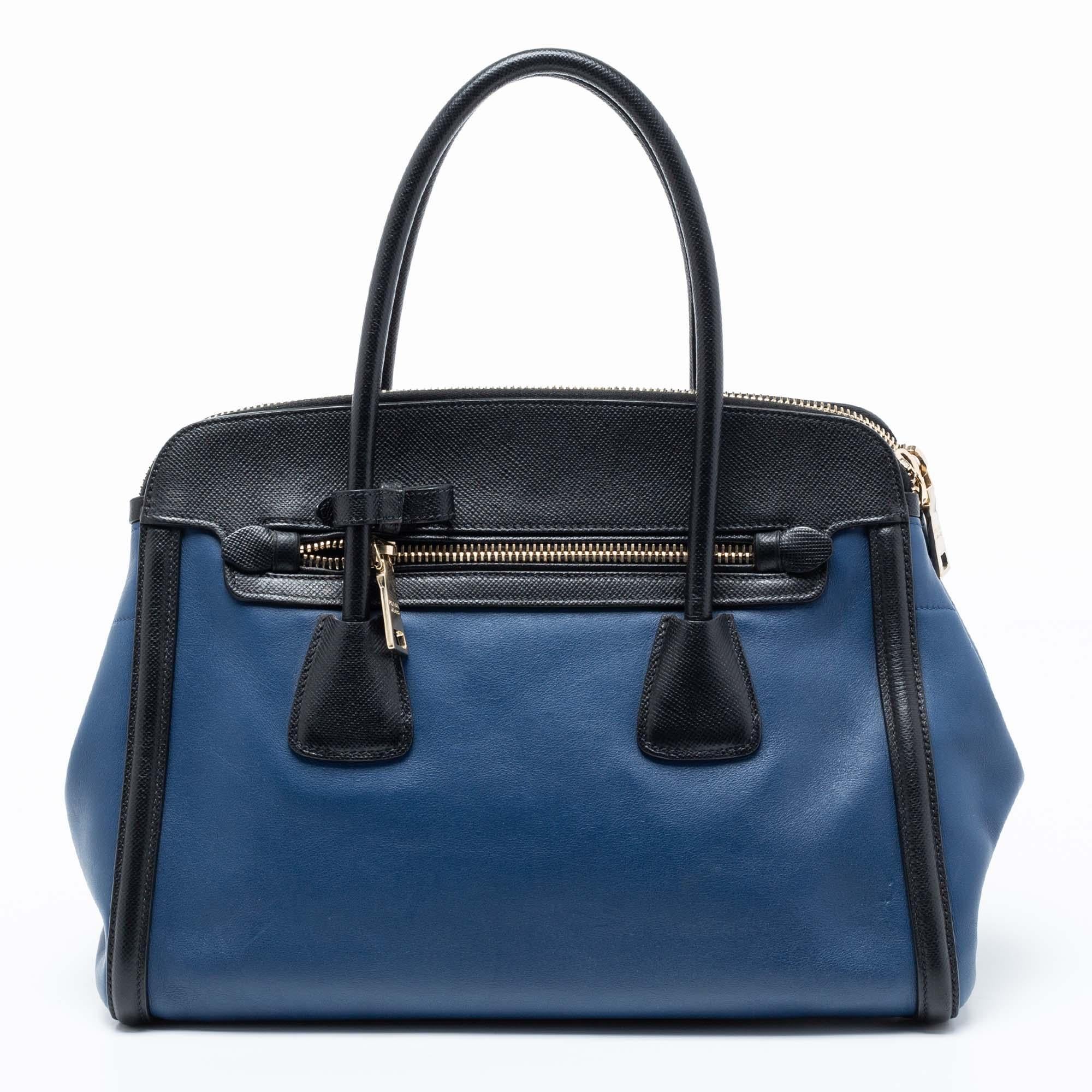 Prada Blue/Black Saffiano and Leather Double Zipped Satchel at 1stDibs