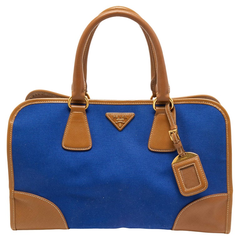 Prada Blue/Brown Canvas and Saffiano Leather Satchel For Sale at 1stDibs
