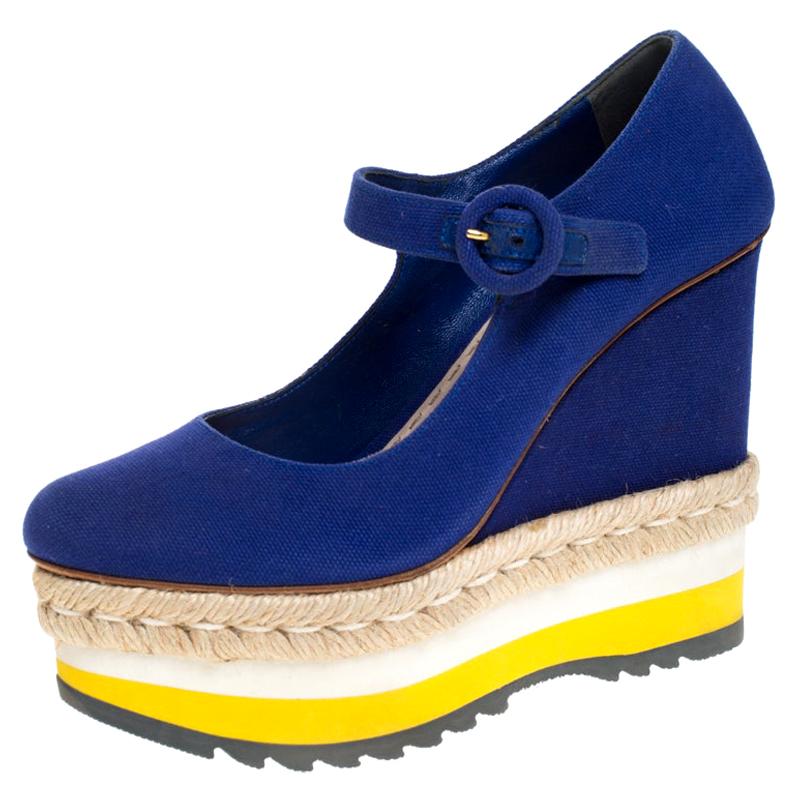 Prada Blue Canvas Mary Jane Platform Wedge Pumps Size 36 at 1stDibs
