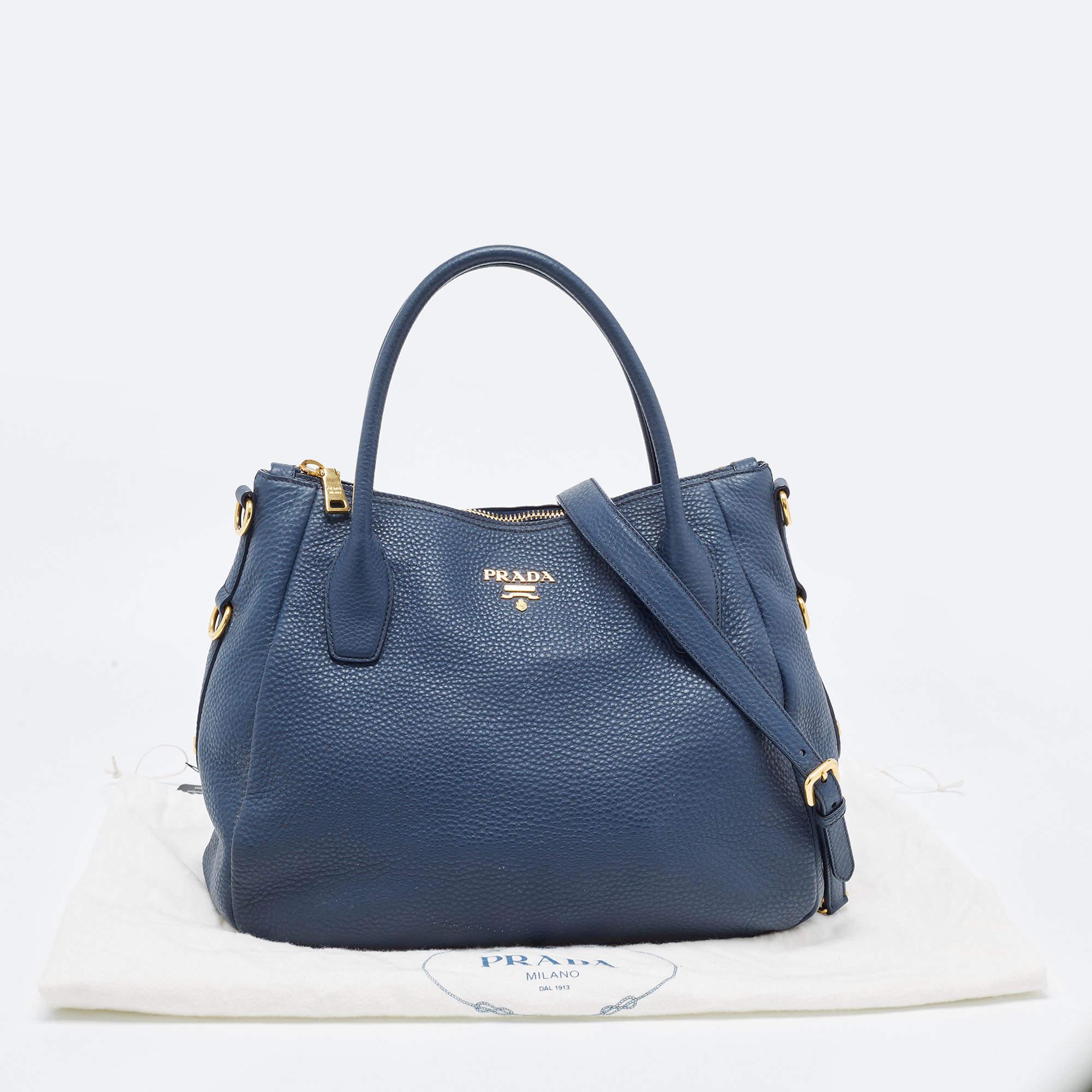 Prada Blue Daino Leather Shopper Tote For Sale at 1stDibs
