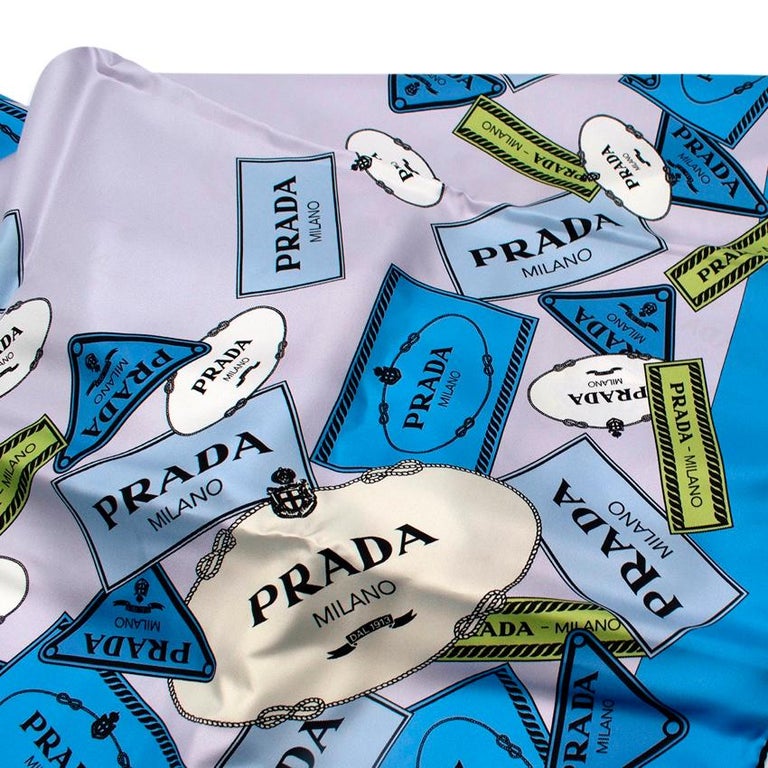 Prada Blue and Green Silk Twill Labels Motif Scarf 90cm For Sale at ...