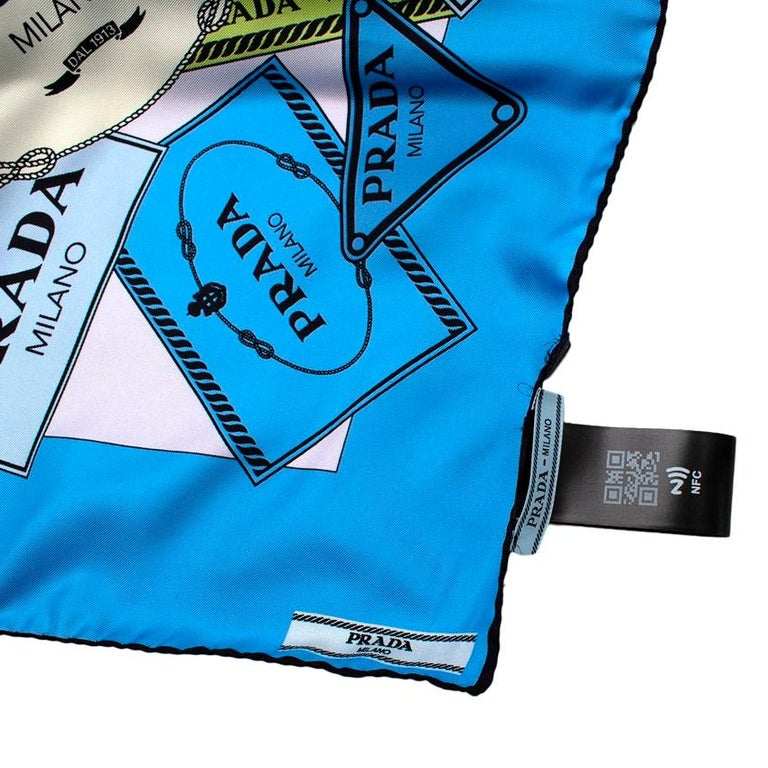 Prada Blue and Green Silk Twill Labels Motif Scarf 90cm For Sale at ...