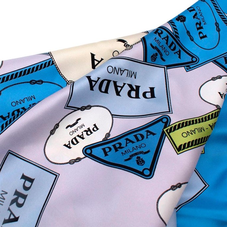 Prada Blue and Green Silk Twill Labels Motif Scarf 90cm For Sale at ...
