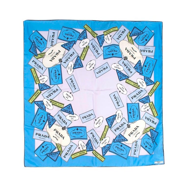 Prada Blue and Green Silk Twill Labels Motif Scarf 90cm For Sale at ...