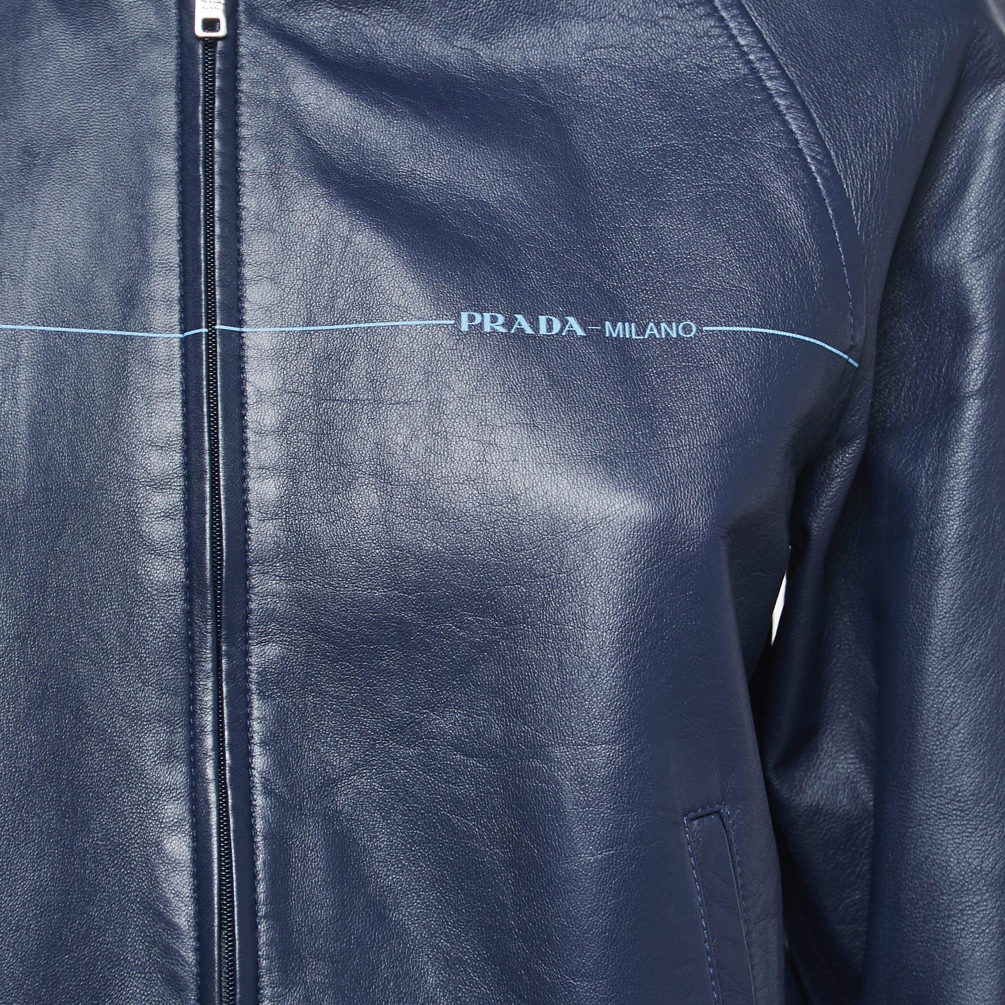 Prada Blue Lambskin Leather Zip-Up Jacket S For Sale at 1stDibs