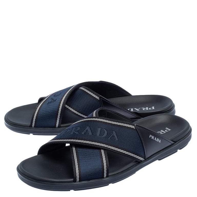 Prada Blue Leather and Nylon Logo Tape Crisscross Slides Size 43 at 1stDibs