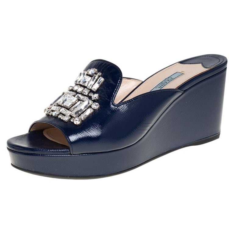 Prada Blue Patent Leather Crystal Embellished Wedges Size 40 at 1stDibs