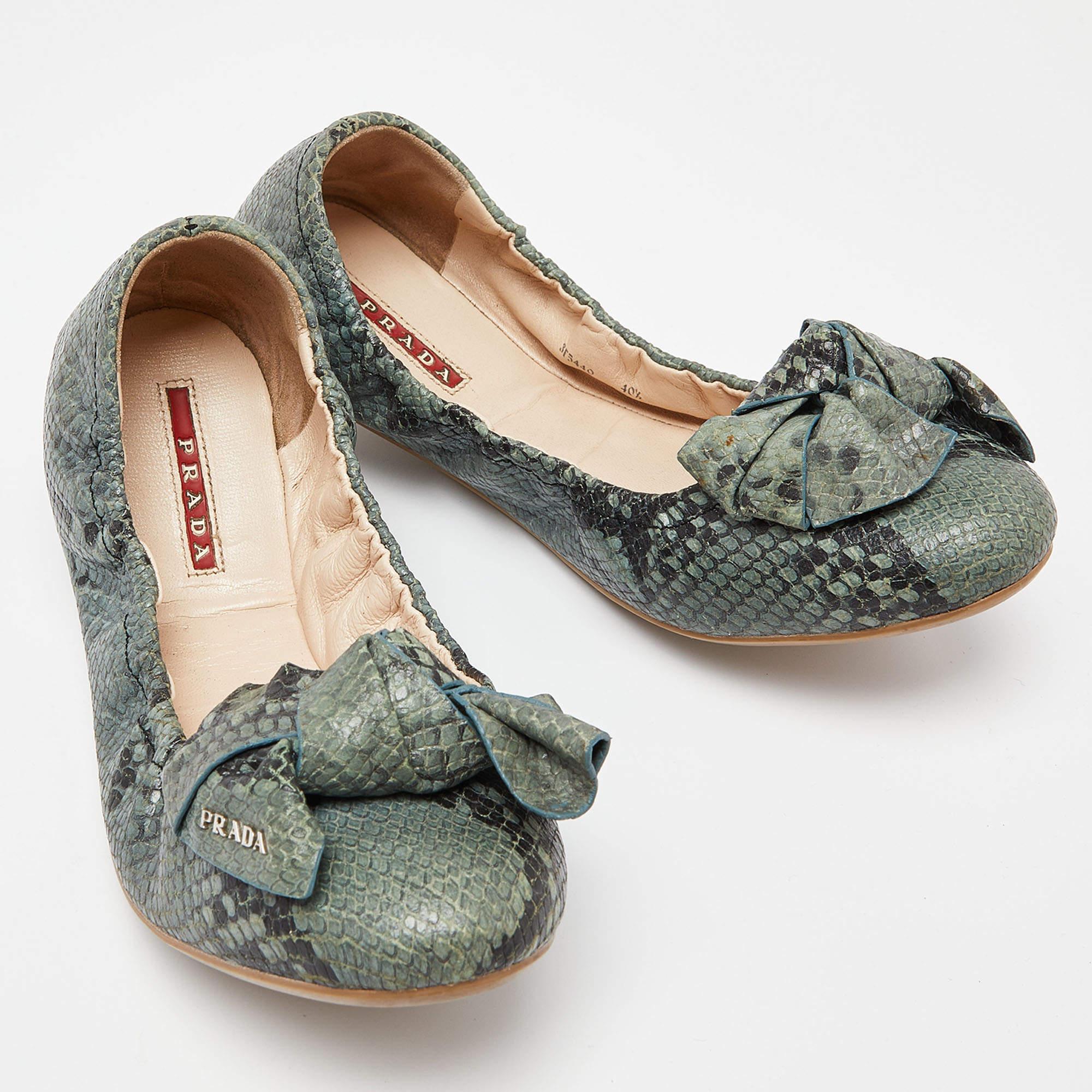 Prada Blue Python Embossed Leather Scrunch Bow Ballet Flats Size 40.5 ...