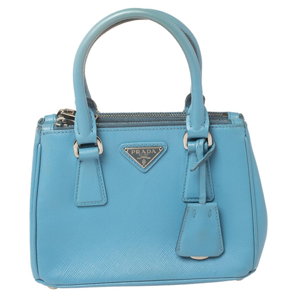 Prada Blue Bicolor Saffiano Lux Leather Medium Galleria Double Zip Tote ...