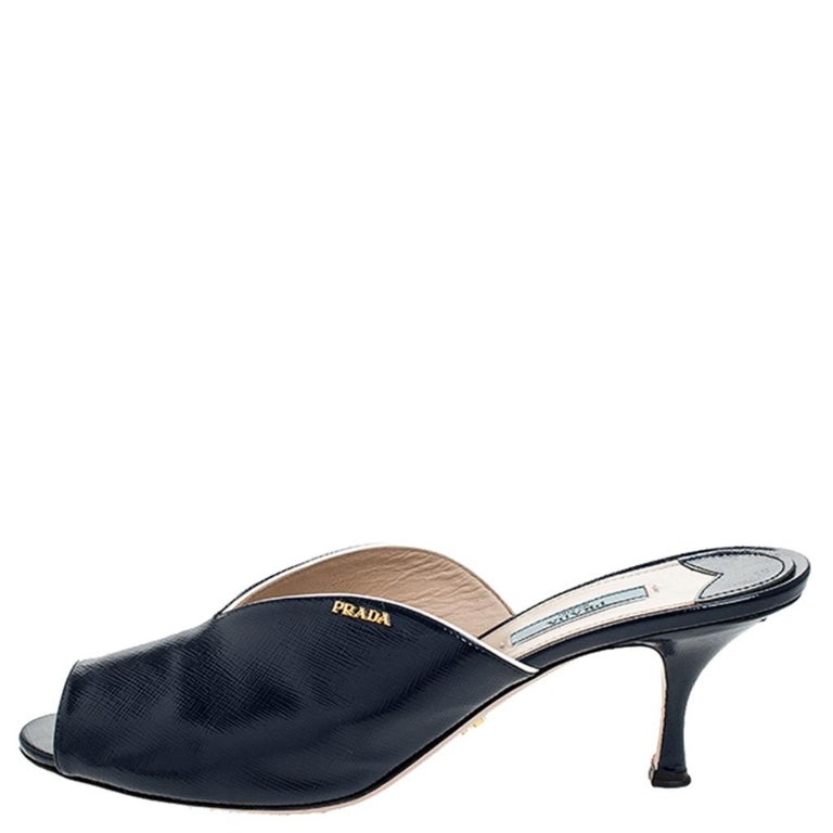 Prada Blue Saffiano Leather Peep Toe Mules Size 41 at 1stDibs