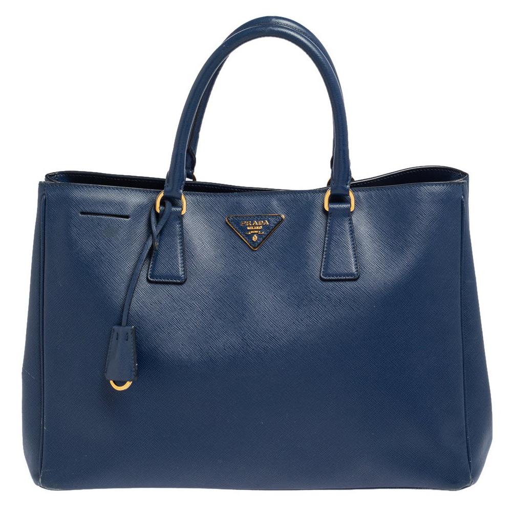 Prada Blue Saffiano Lux Leather Large Double Zip Tote For Sale at 1stDibs
