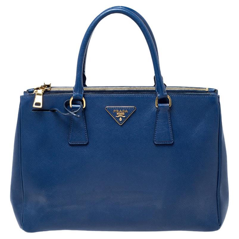 Prada Blue Vitello Grain Leather Two Way Top Handle Bag For Sale at 1stDibs