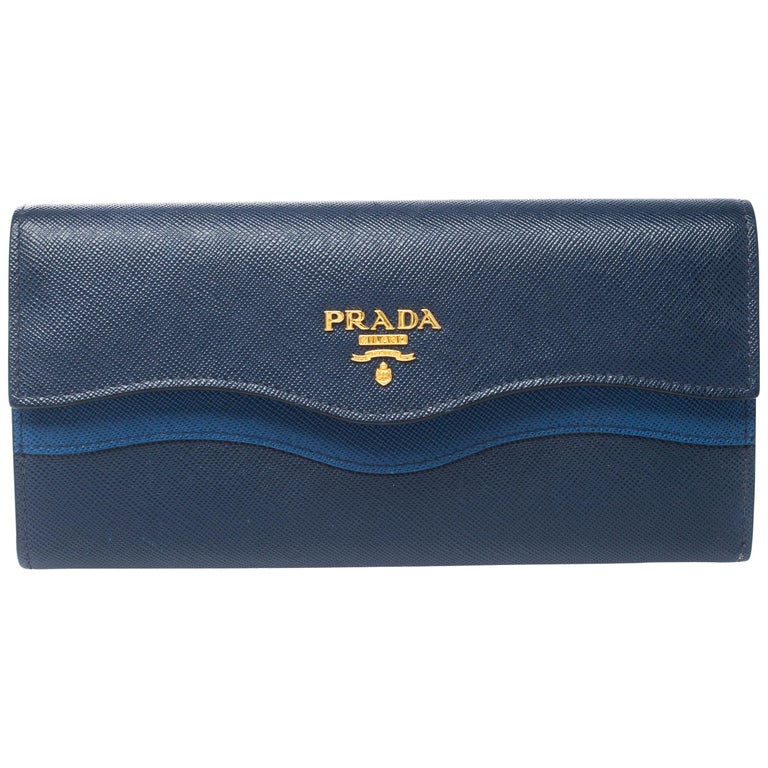 Prada Blue Saffiano Lux Leather Wave Continental Wallet For Sale at 1stDibs