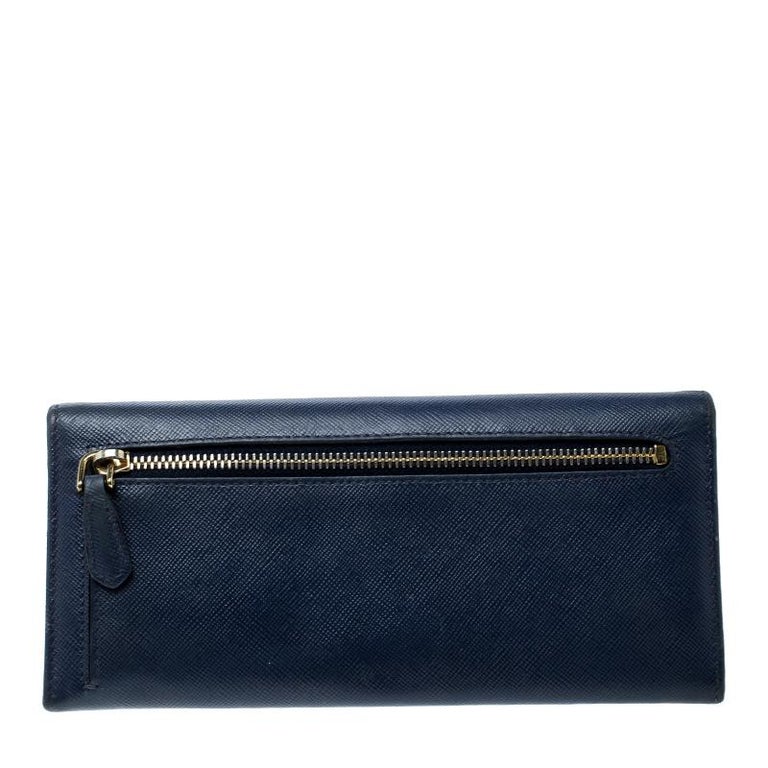 Prada Blue Saffiano Triang Leather Continental Wallet For Sale at 1stDibs