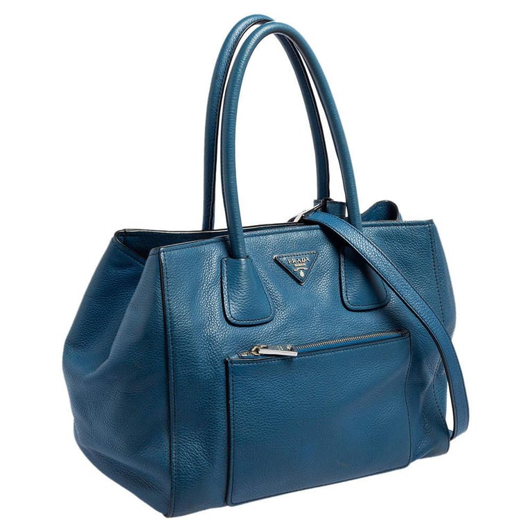 Prada Blue Vitello Daino Leather Front Pocket Wing Tote For Sale at 1stDibs
