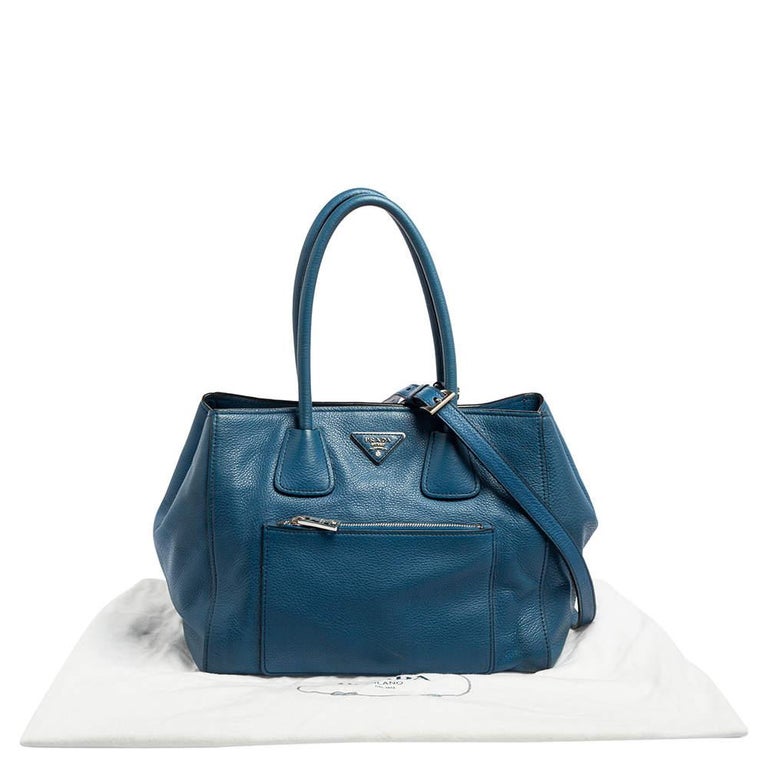 Prada Blue Vitello Daino Leather Front Pocket Wing Tote For Sale at 1stDibs