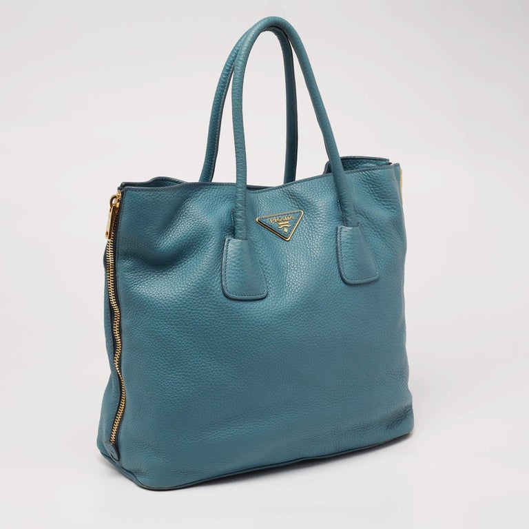 Prada Blue Vitello Daino Leather Side Zip Shopper Tote For Sale at 1stDibs