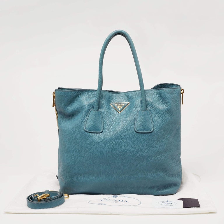 Prada Blue Vitello Daino Leather Side Zip Shopper Tote For Sale at 1stDibs