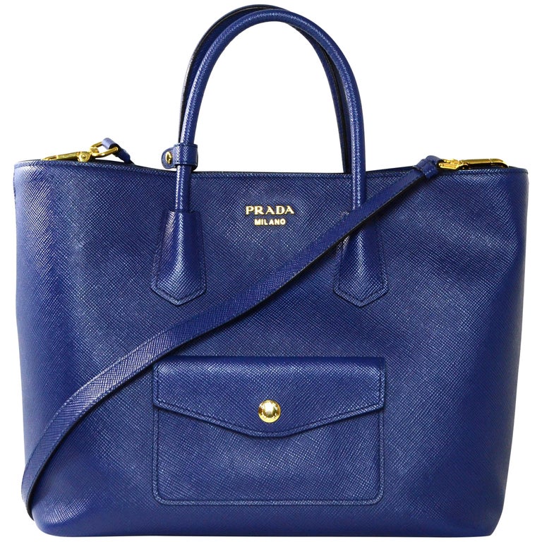 Prada Bluette Blue Saffiano Front Pocket Tote Bag w/ Detachable Strap ...