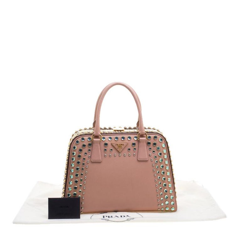 Prada Blush Pink/Burgundy Saffiano Lux Leather Pyramid Frame Top Handle ...