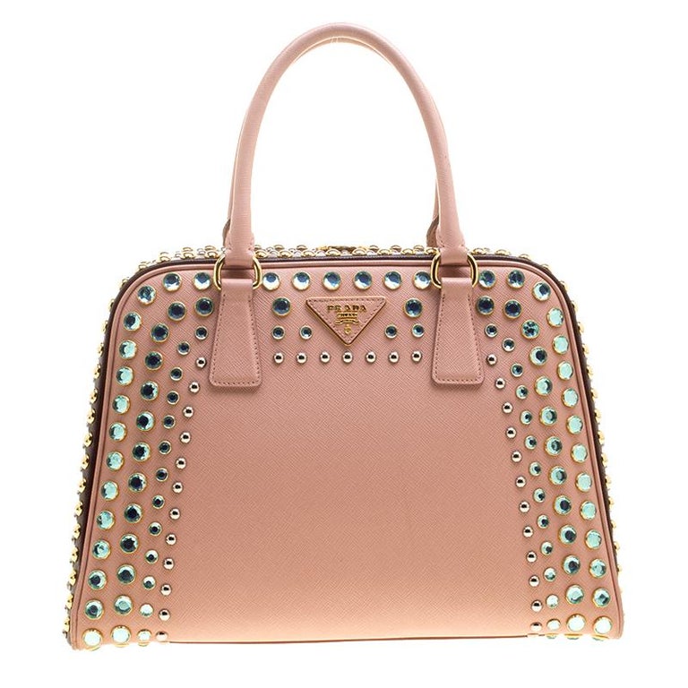 Prada Blush Pink/Burgundy Saffiano Lux Leather Pyramid Frame Top Handle ...