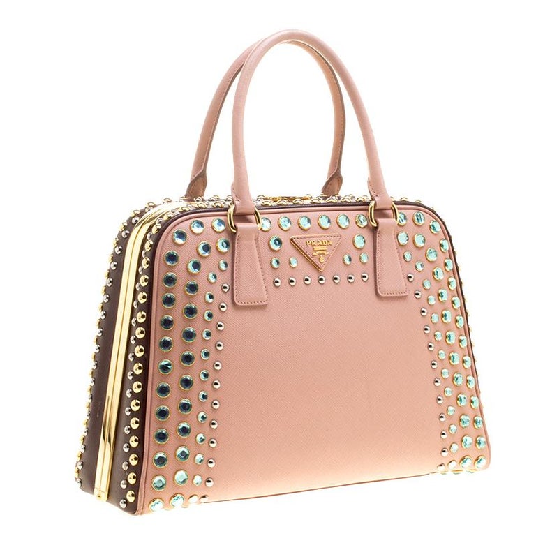 Prada Blush Pink/Burgundy Saffiano Lux Leather Pyramid Frame Top Handle ...