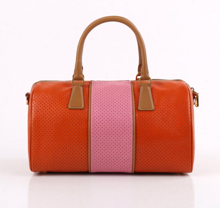 PRADA Boston Papaya Caramel Pink Saffiano Fori Perforated Satchel ...
