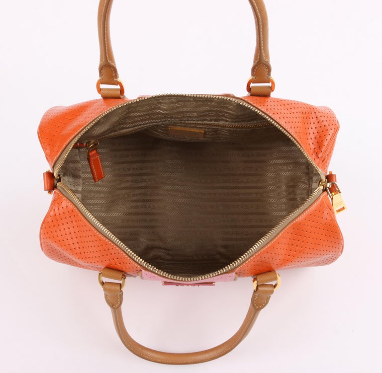 PRADA Boston Papaya Caramel Pink Saffiano Fori Perforated Satchel ...